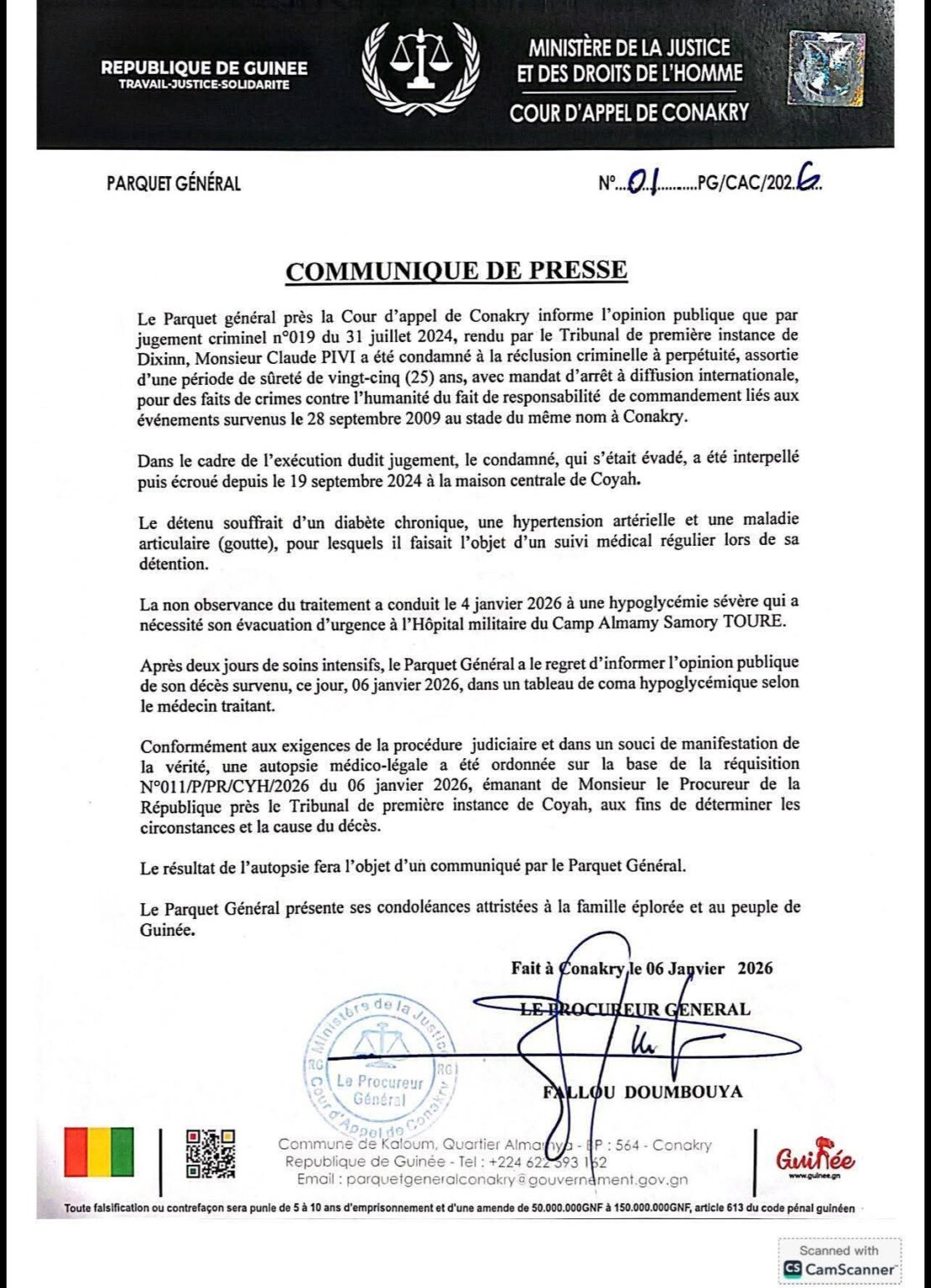 Guinée : Claude Pivi est décédé en détention – Site d'actualité guinéenne